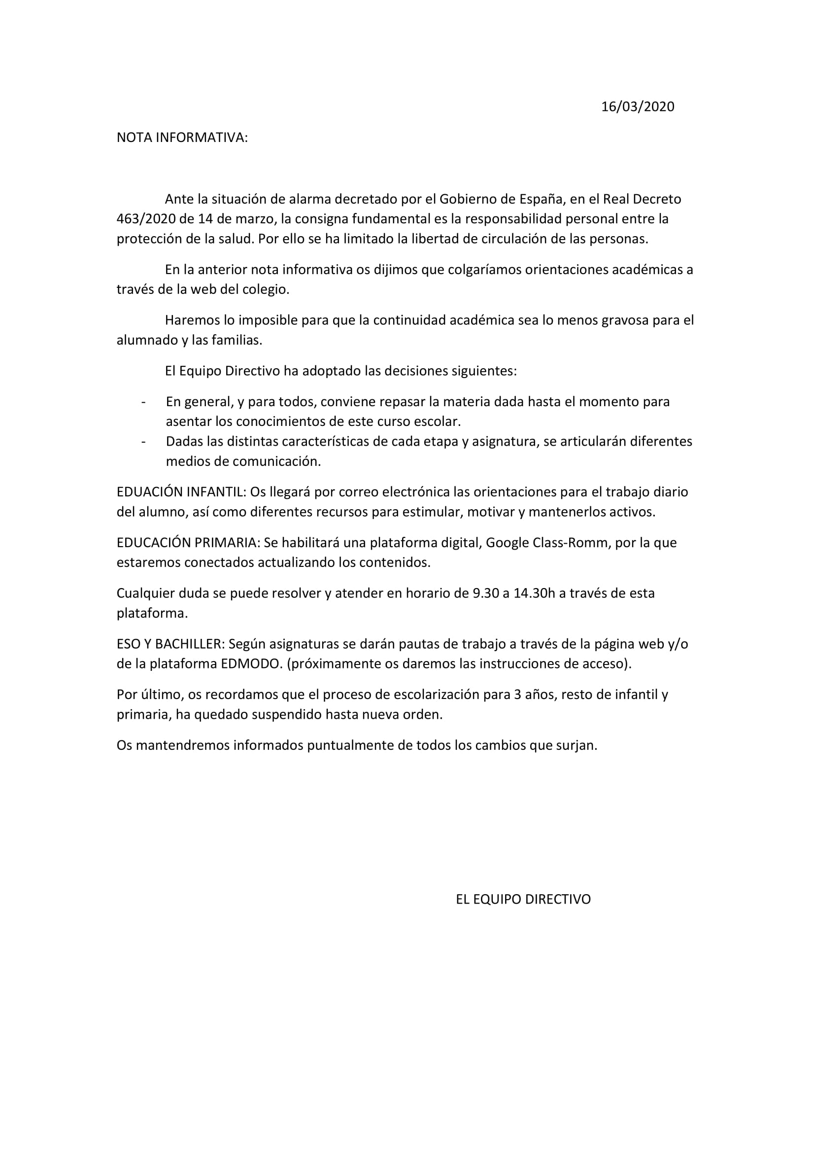 NOTA INFORMATIVA 16/03/2020 - Portal oficial del Colegio Diocesano Las ...